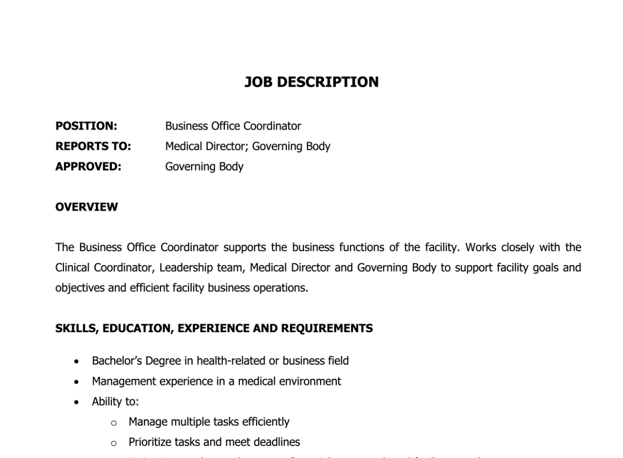 Business Office Coordinator Job Description Template Business Office Coordinator Job Description Template